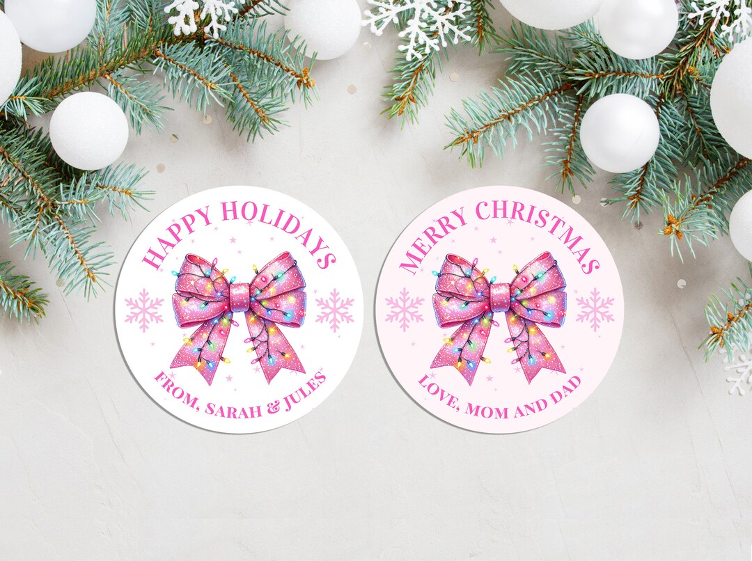 Pink Christmas Bow Labels, Personalized Merry Christmas Envelope Seals ...