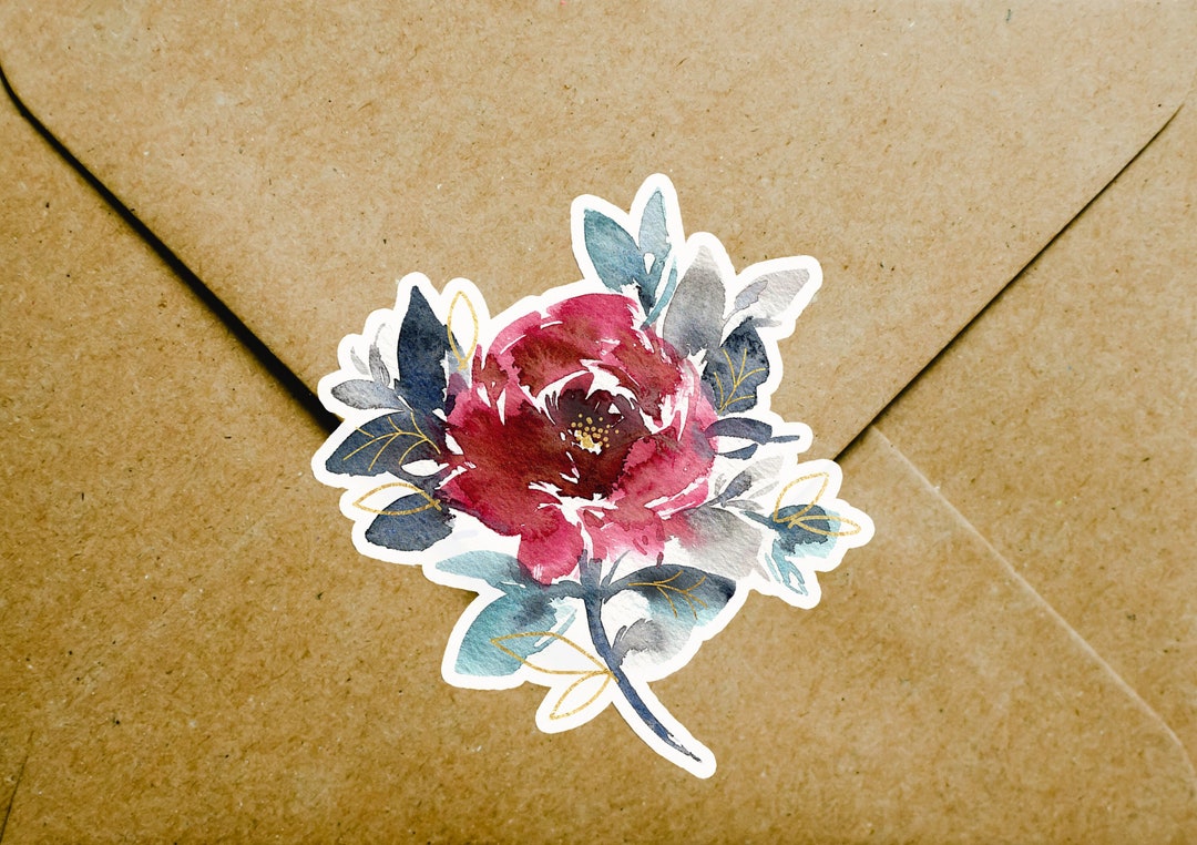 Rustic Maroon Floral Envelope Seals, Burgandy Watercolor Peony Rose ...