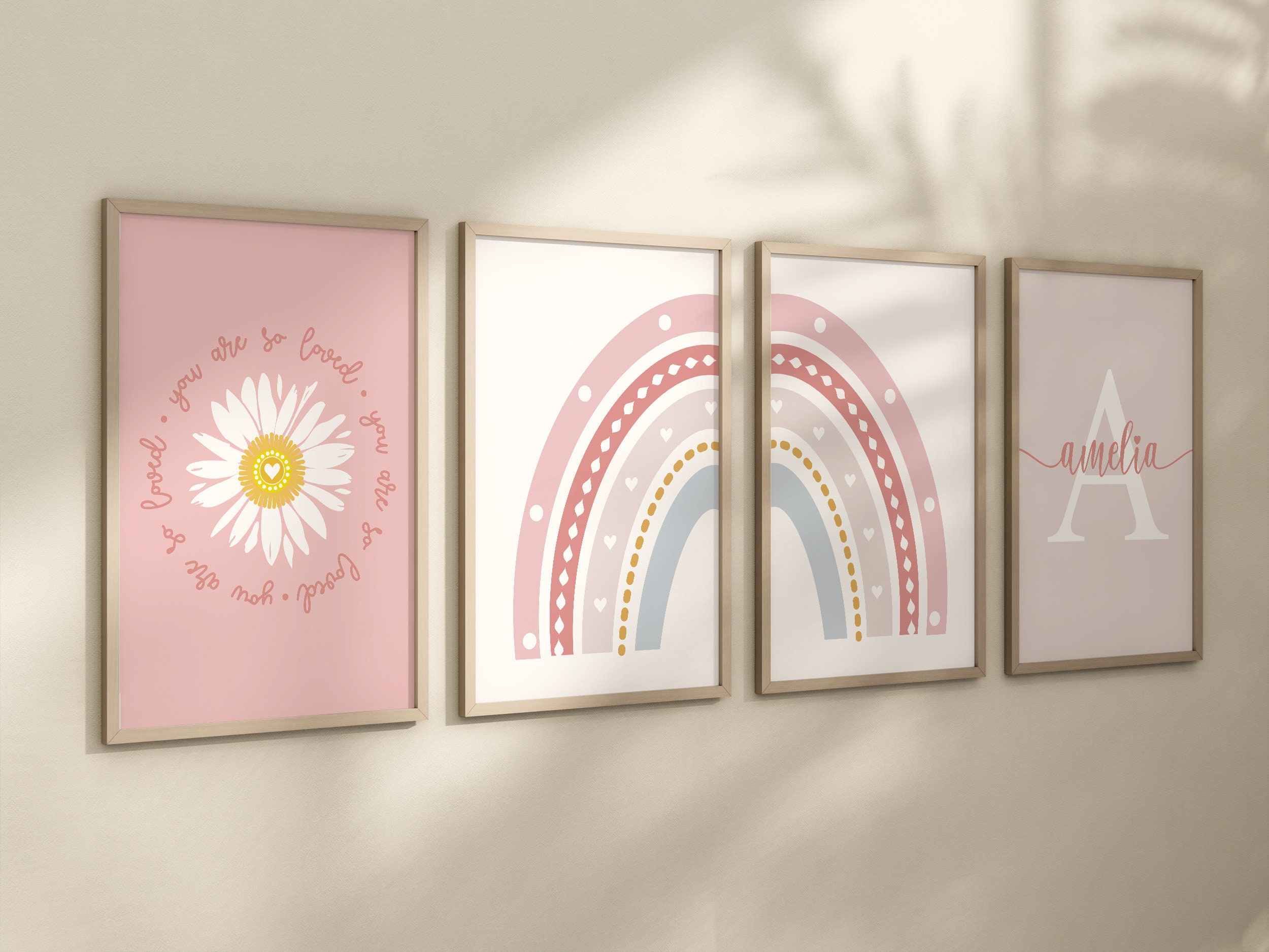 Boho Daisy Nursery Set of 4 PRINTABLE, Pastel Rainbow Personalized ...