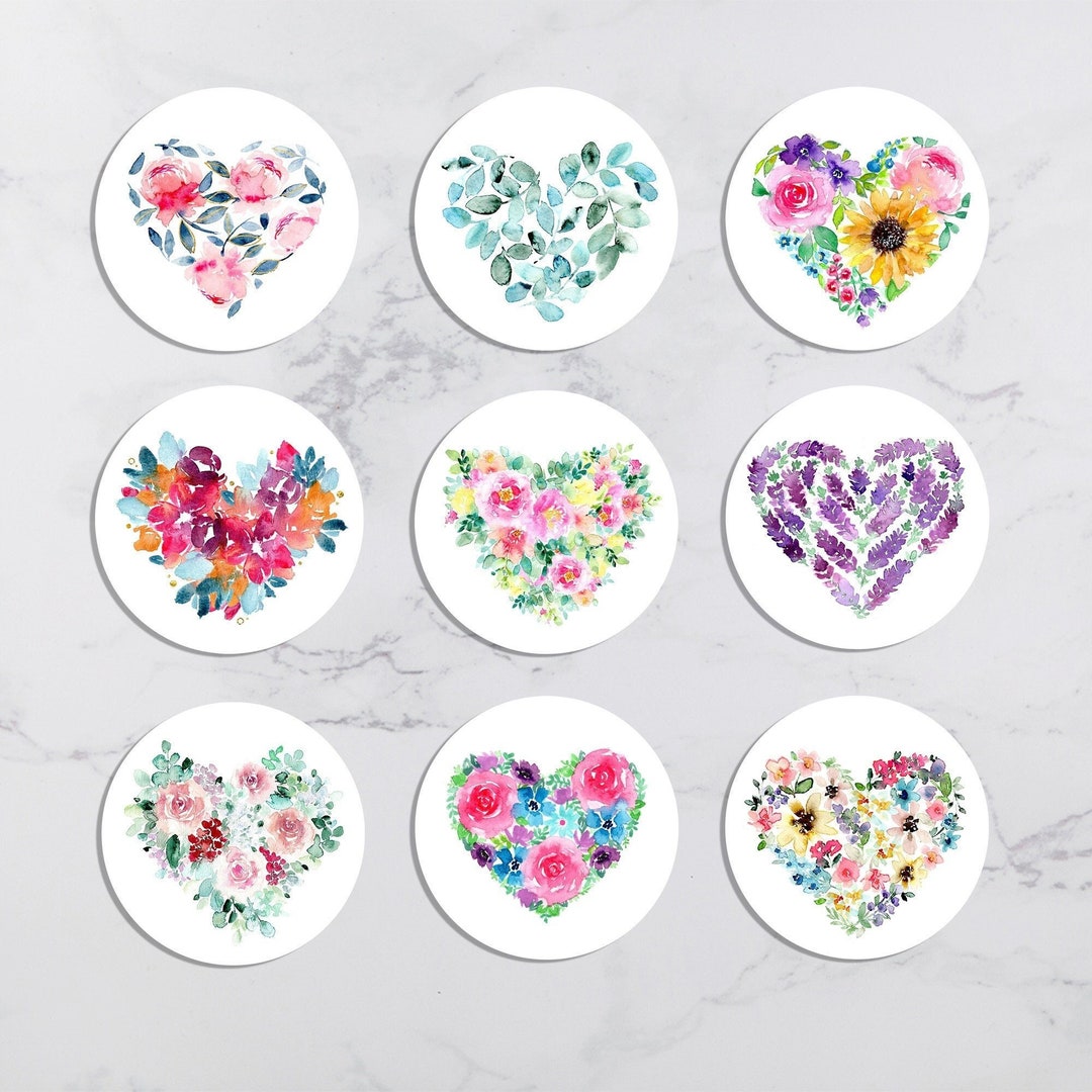 Flower Heart Envelope Seals, Colorful Floral Watercolor Stickers ...