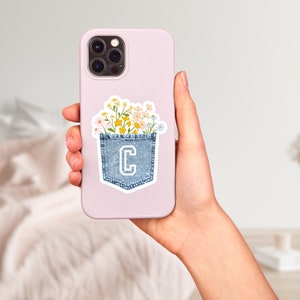 Floral Letter Sticker, Colorful Wildflower Initial Vinyl Decal, Denim ...