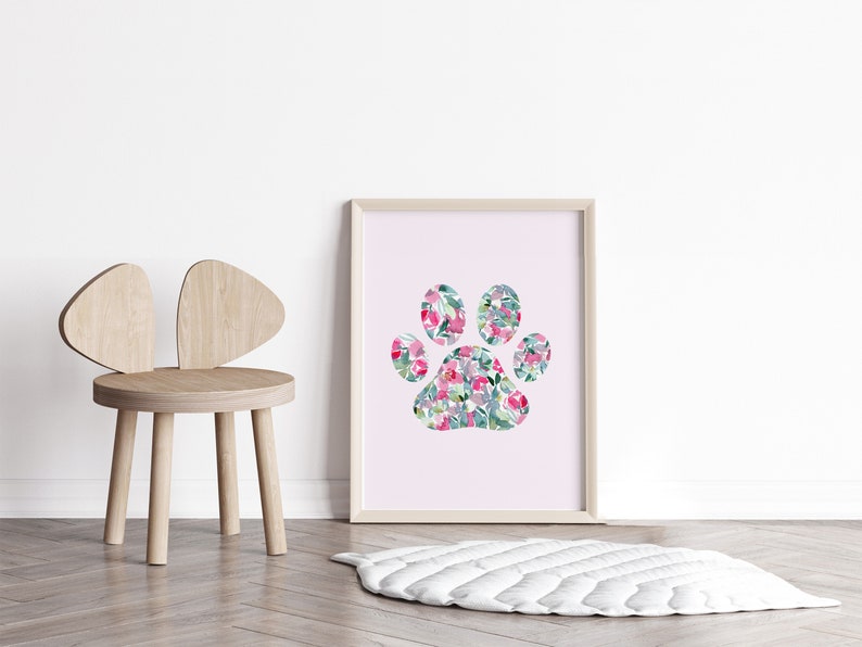 Floral Cat Paw Art Print, Pastel Pink Green Flower Pet Decor ...