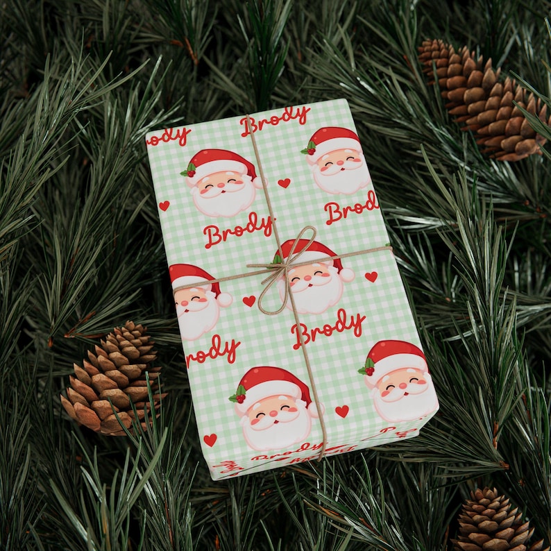 Pink Gingham Santa Face Gift Wrap Paper for Girls, Personalized ...