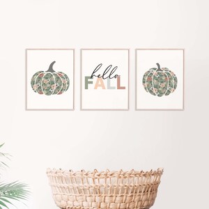 Hello Fall Wall Art, Sage Green Pumpkin Print Set of 3, Floral Vintage ...