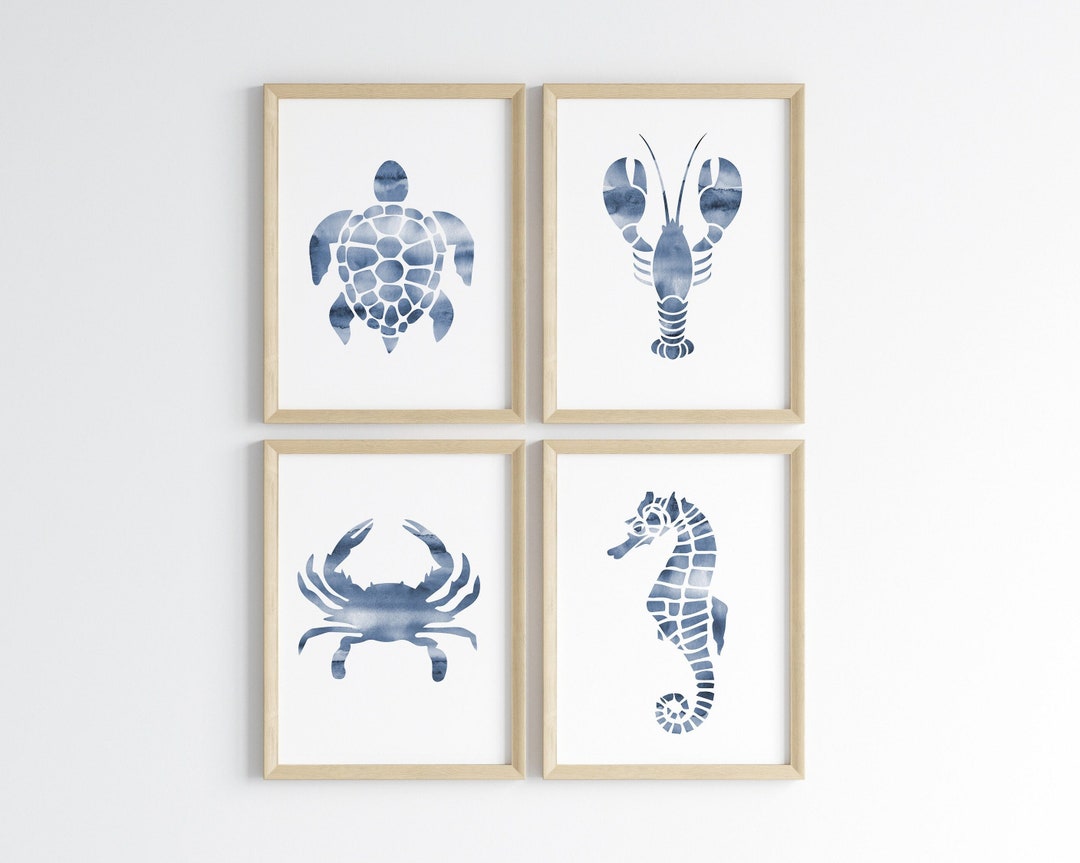 Indigo Coastal Print Set, Watercolor Sea Life Wall Art, Blue Crab ...