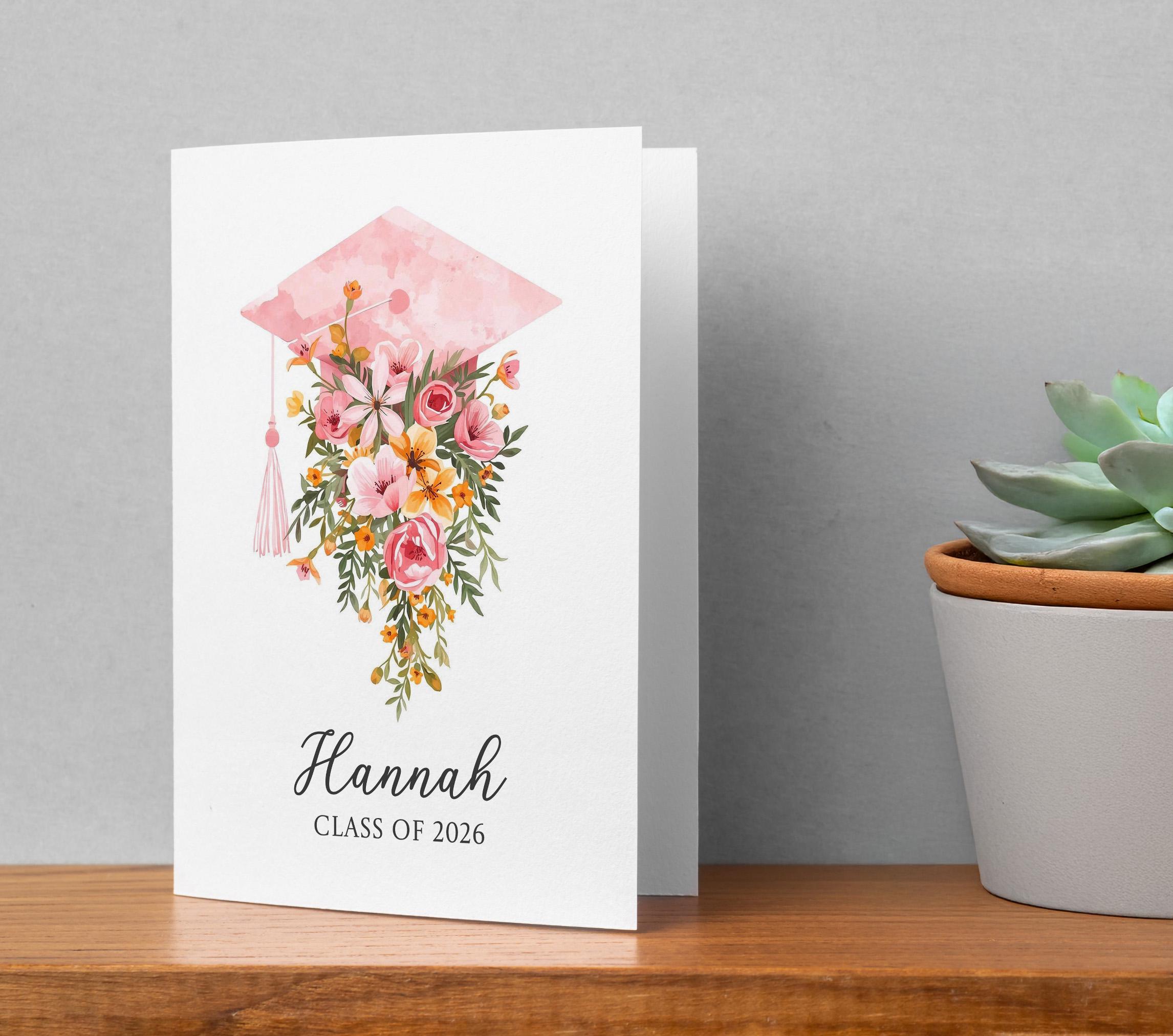 Pink Graduation Card, Watercolor Floral Grad Cap, Colorful Flower ...