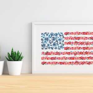 Watercolor USA Flag Print, Floral American Flag Wall Art, We the People ...