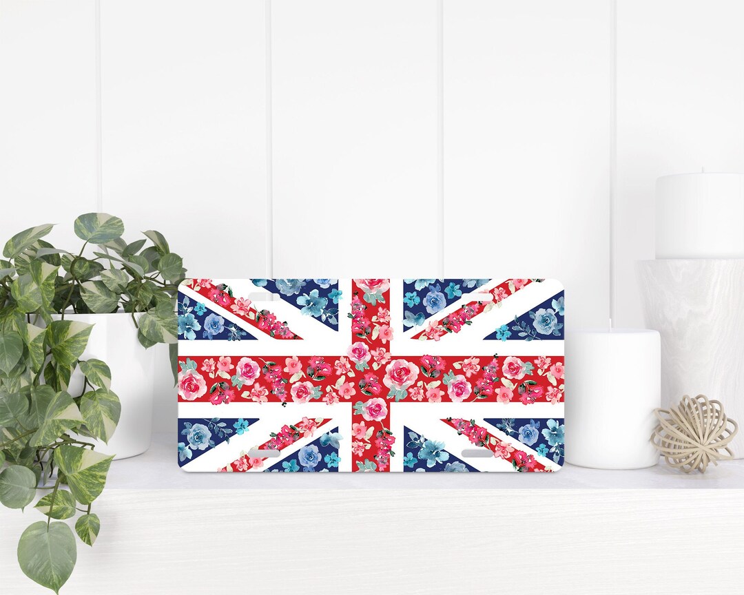 UK Flag License Plate, British Custom Car Tag, Floral Union Jack Vanity ...