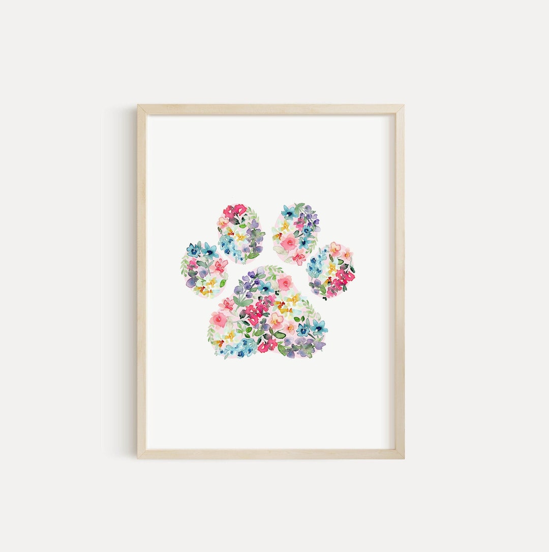 Dog Paw Art Print, Colorful Wildflower Pet Decor, Watercolor Floral Cat ...