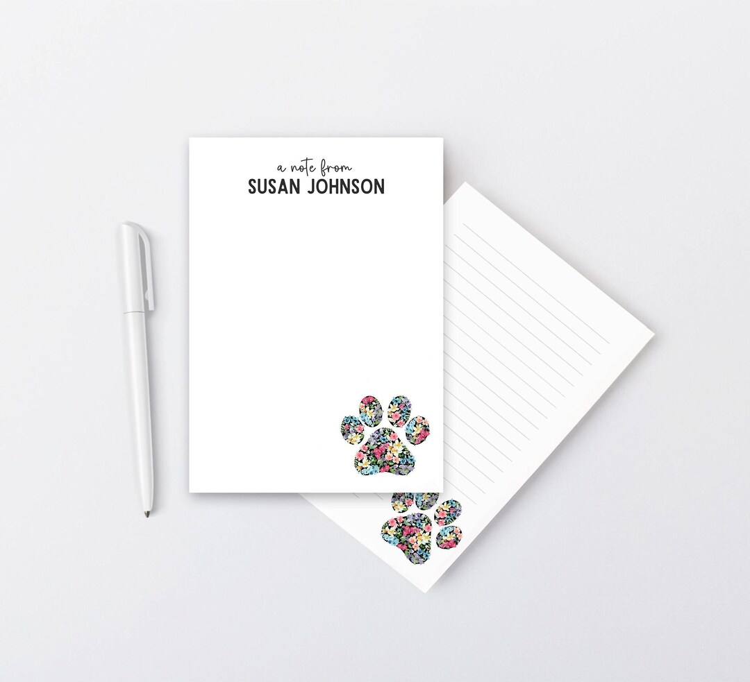 Dog Paw Note Pad, Watercolor Floral Pet Custom Stationery, Cat Mom Gift ...