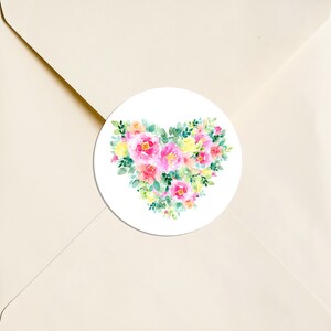 Flower Heart Envelope Seals, Colorful Floral Watercolor Stickers ...