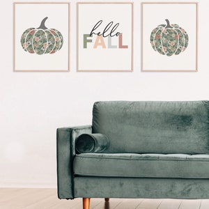 Hello Fall Wall Art, Sage Green Pumpkin Print Set of 3, Floral Vintage ...
