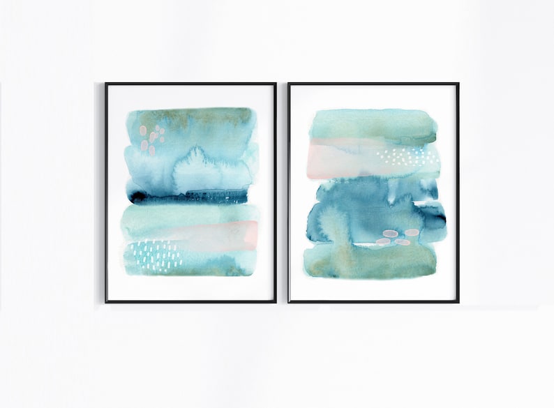 Blue Abstract Art Print Set, Minimalist Modern Landscape Wall Art, Navy ...