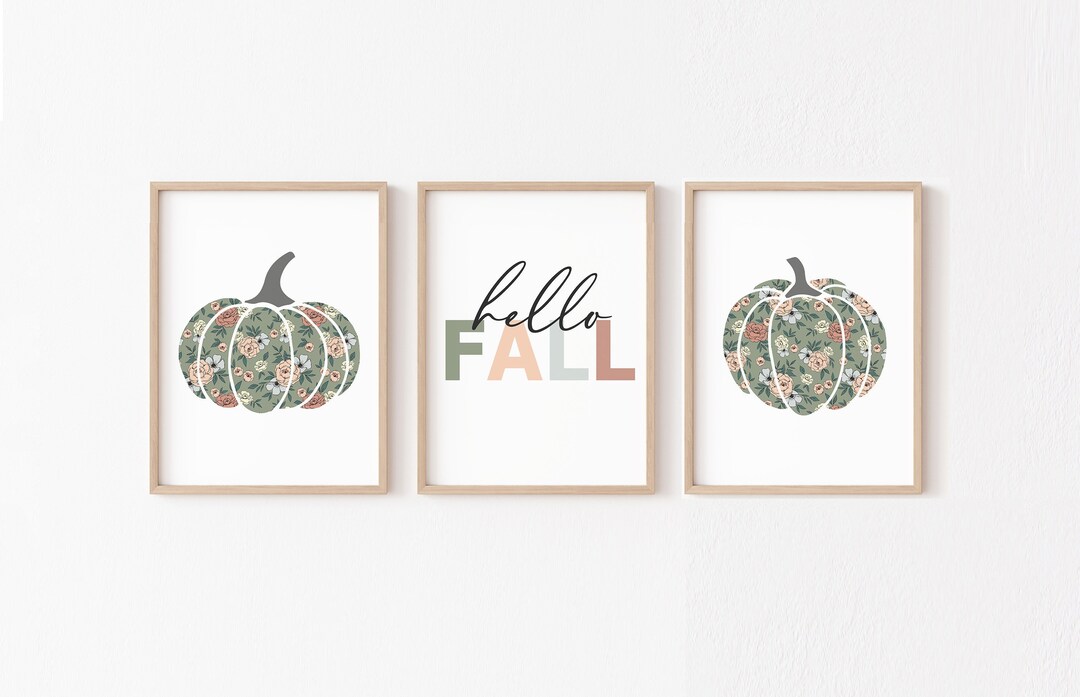 Hello Fall Wall Art, Sage Green Pumpkin Print Set of 3, Floral Vintage ...