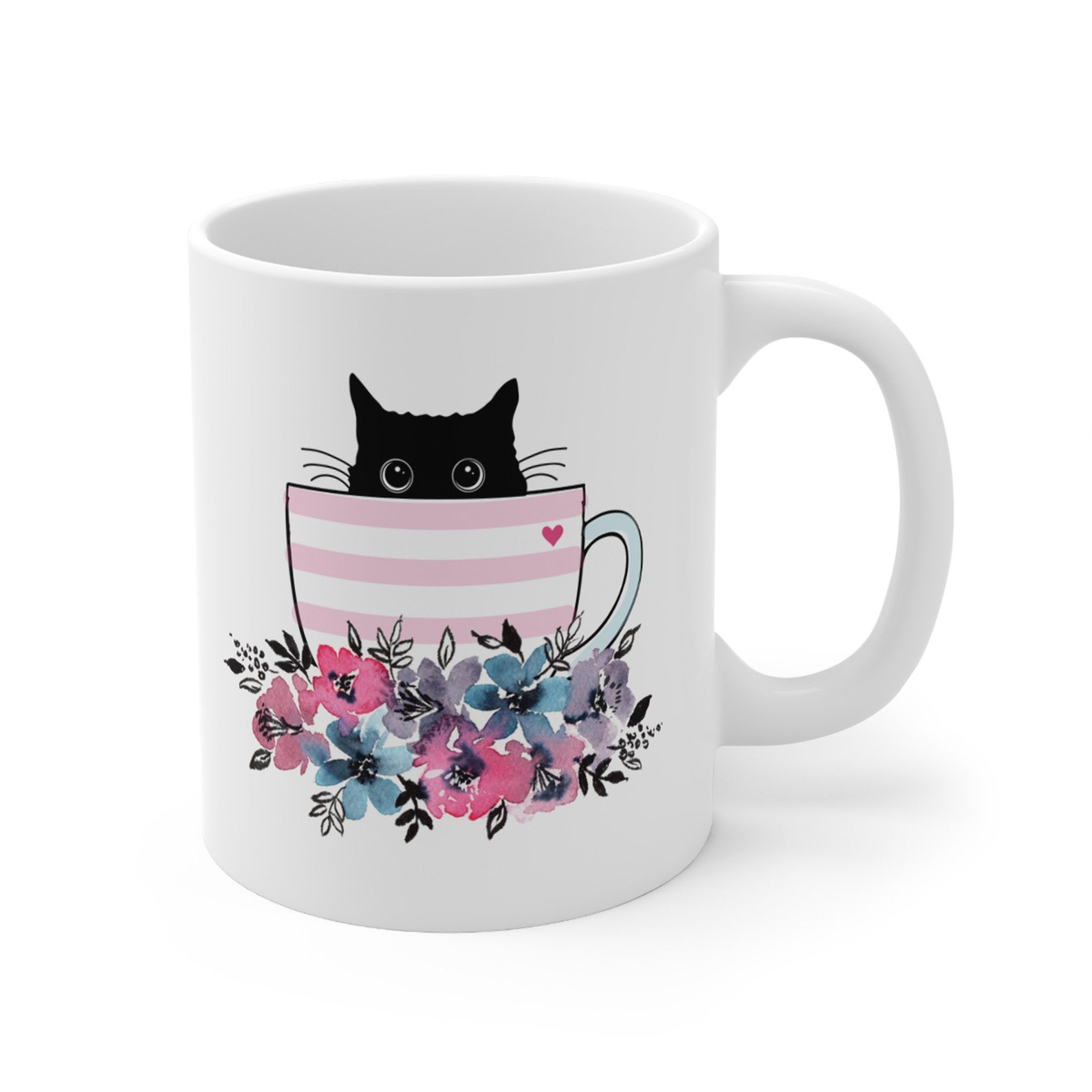 Personalized Cat Mug, Custom Name Floral Kitty Coffee Cup, Pink ...