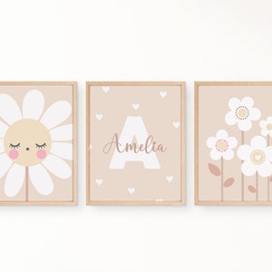 Neutral Daisy Nursery Wall Art, Personalized Name Initial Decor, Boho ...