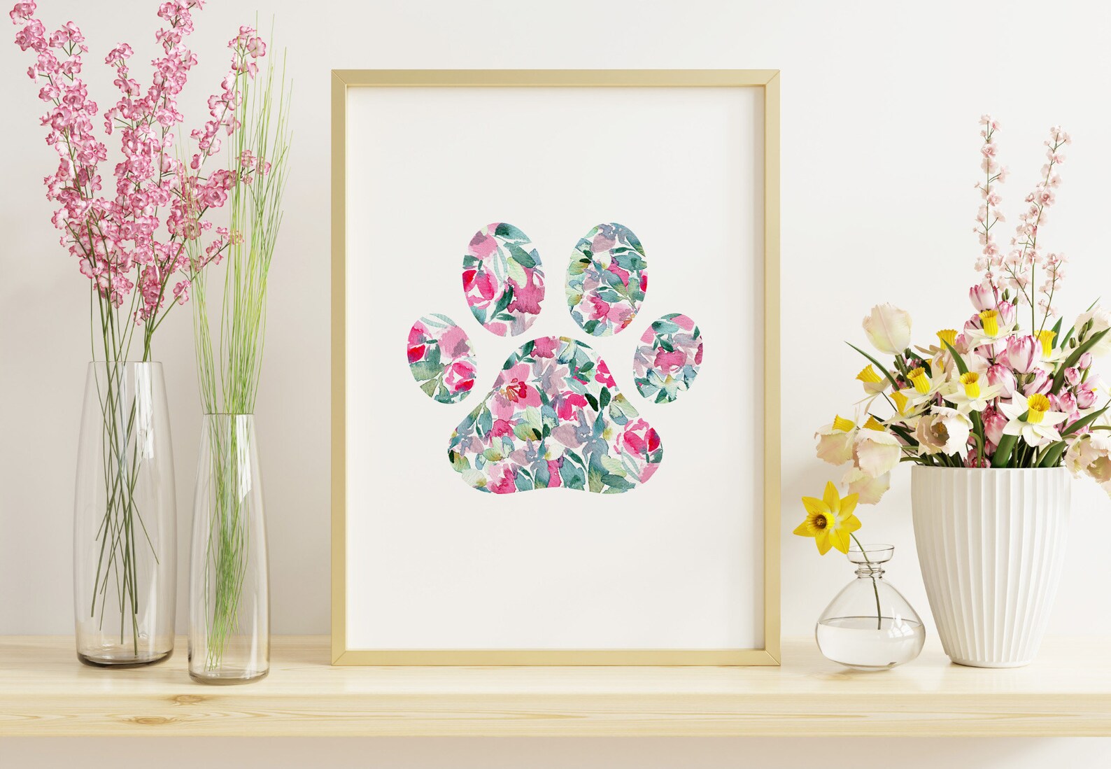 Floral Cat Paw Art Print Pastel Pink Green Flower Pet Decor | Etsy