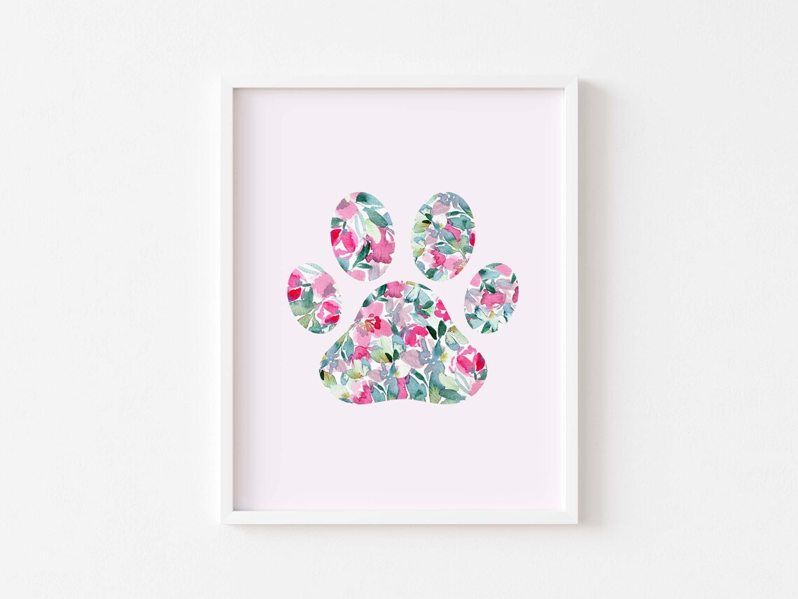 Floral Cat Paw Art Print, Pastel Pink Green Flower Pet Decor ...