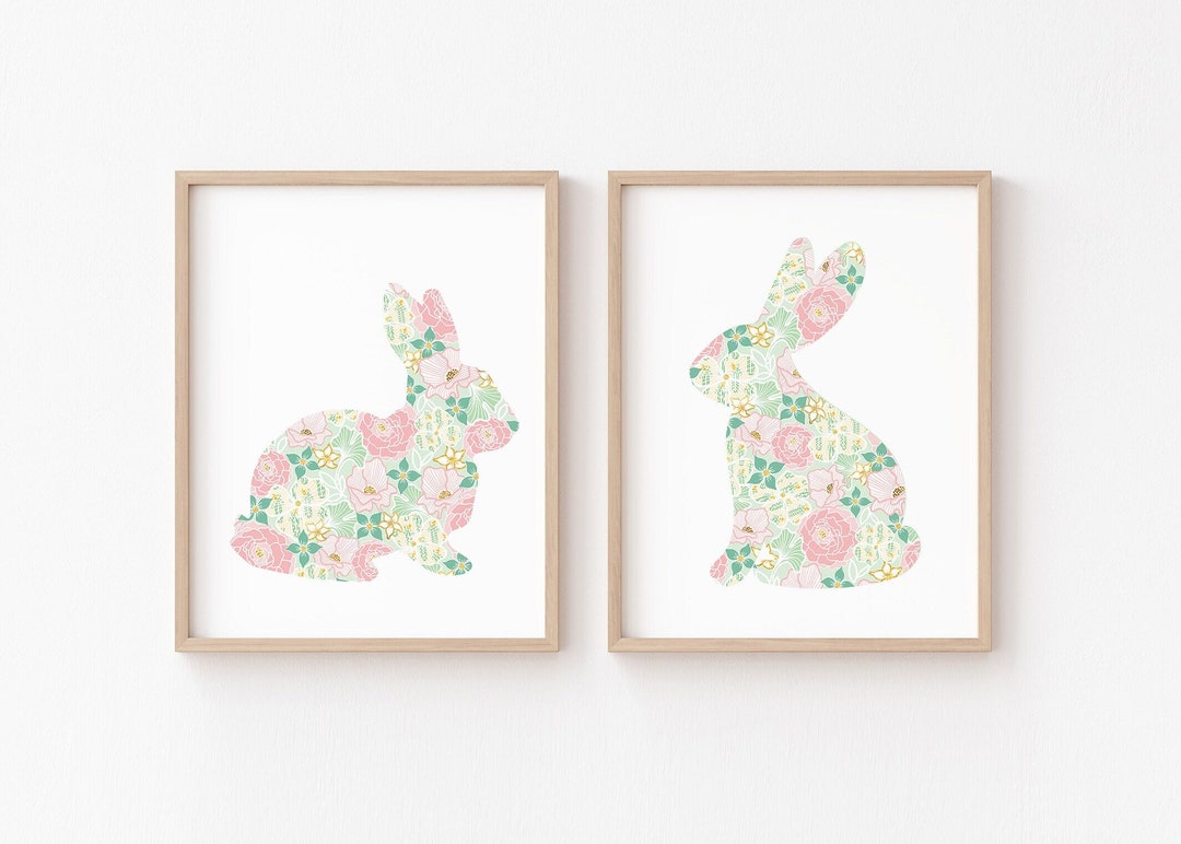 Pink Floral Bunny Print Set, Pastel Flower Rabbit Nursery Wall Art ...