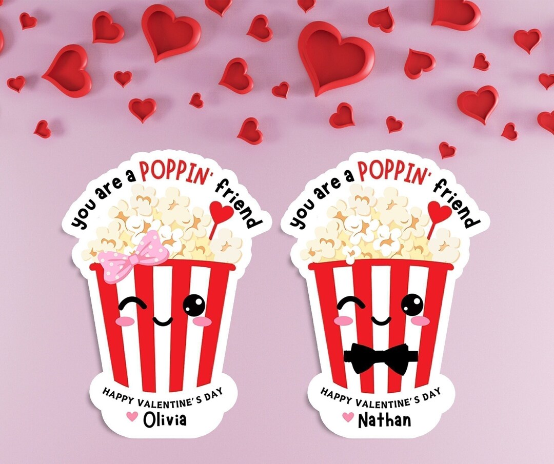 Kids Valentine's Stickers With Name, Personalized Popcorn Bag Labels ...