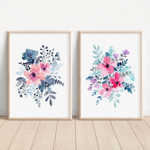 Floral Girl Nursery Wall Art Watercolor Pink Coral Blush Navy - Etsy