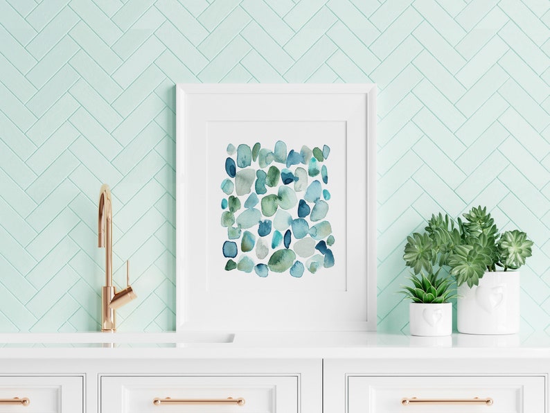 Sea Glass Abstract Art Print, Modern Coastal Wall Art, Blue Green Beach ...