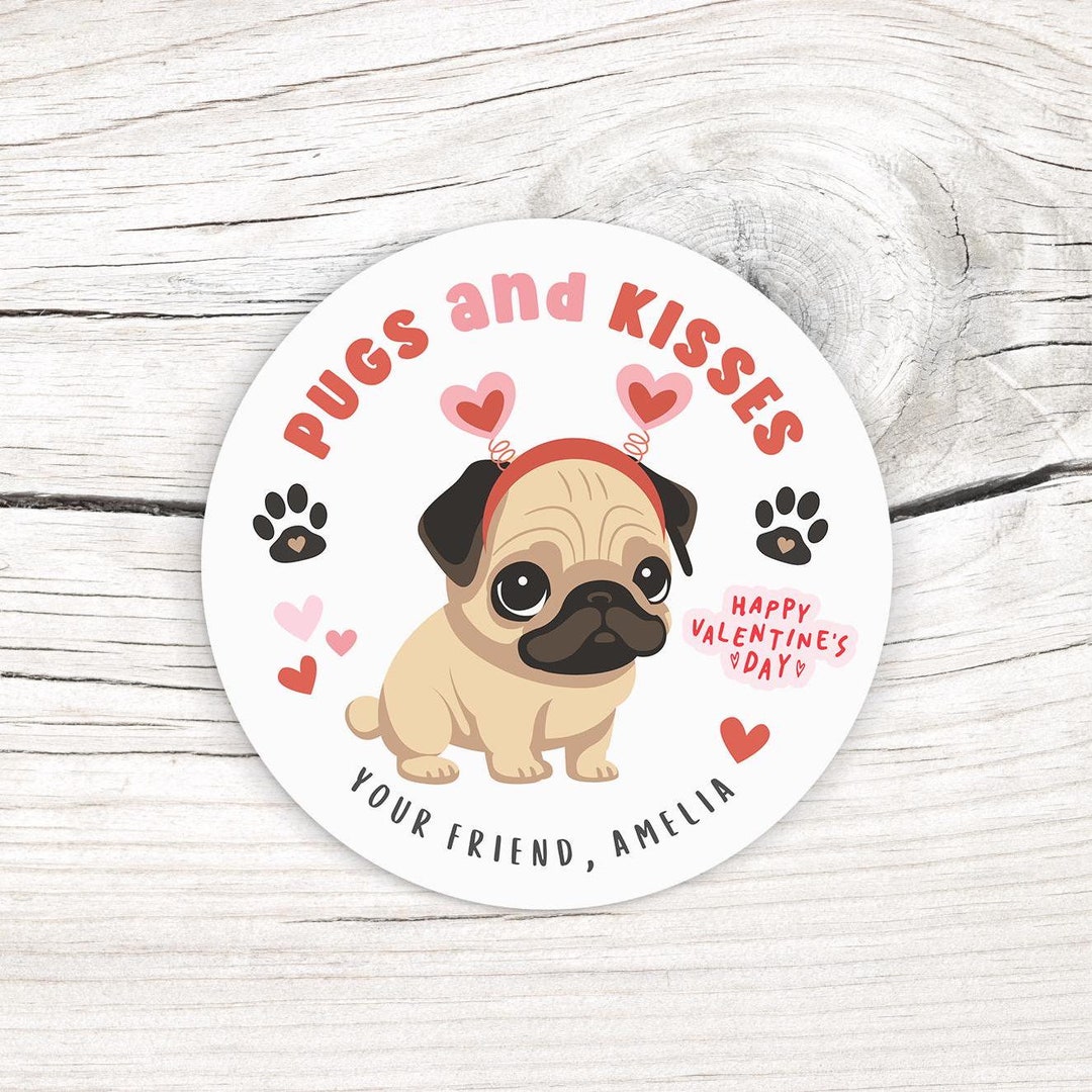 Pug Valentine Stickers With Name, Pugs and Kisses Personalized ...
