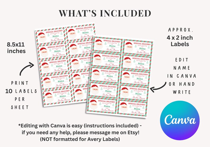 PRINTABLE Santa Labels Template, Cute Kids Holiday Gift Tags, Editable ...