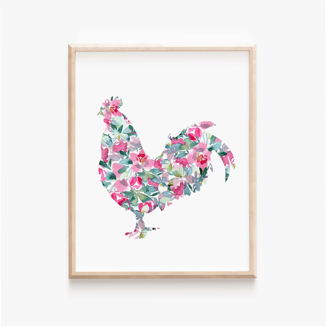 Pink Rooster Art Print, Modern Farmhouse Kitchen Wall Art, Watercolor ...