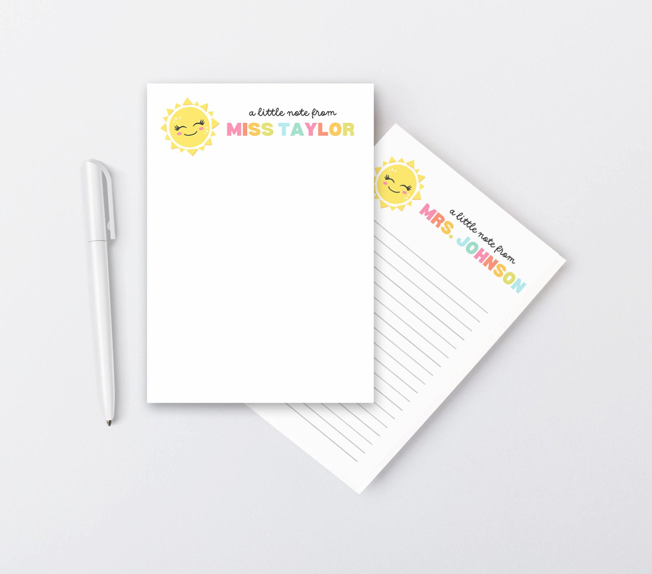 Teacher Note Pad Personalized, Custom School Stationery Name, Cute Sun ...