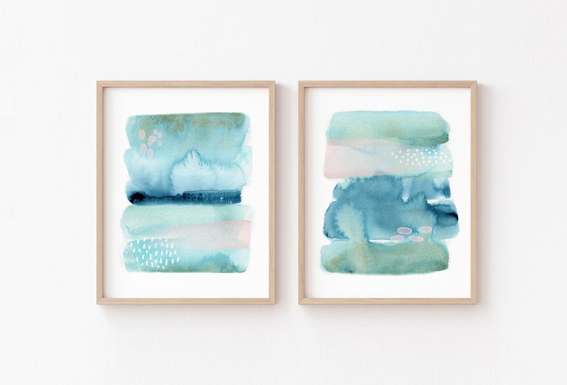 Blue Abstract Art Print Set, Minimalist Modern Landscape Wall Art, Navy ...
