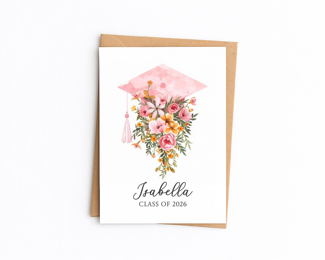 Pink Graduation Card, Watercolor Floral Grad Cap, Colorful Flower ...