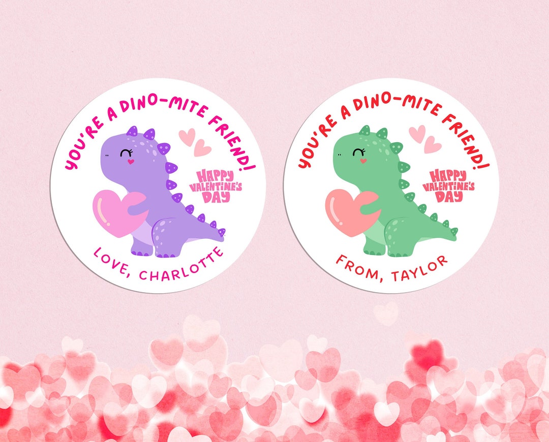 Dinosaur Valentine's Day Stickers, Personalized Kids Labels for Treat ...