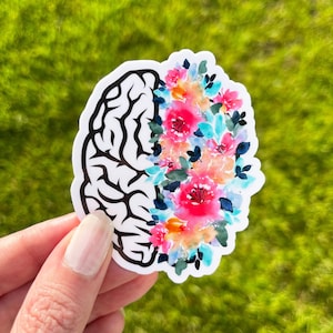 Anatomical Brain Vinyl Sticker, Colorful Watercolor Floral Decal ...