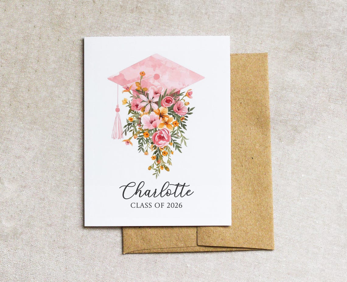 Pink Graduation Card, Watercolor Floral Grad Cap, Colorful Flower ...