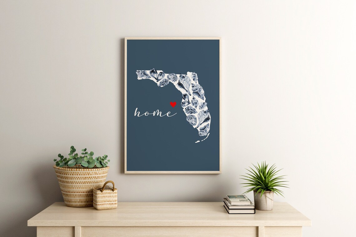 Blue Florida Map Art Print Sunshine State Beach House Decor - Etsy