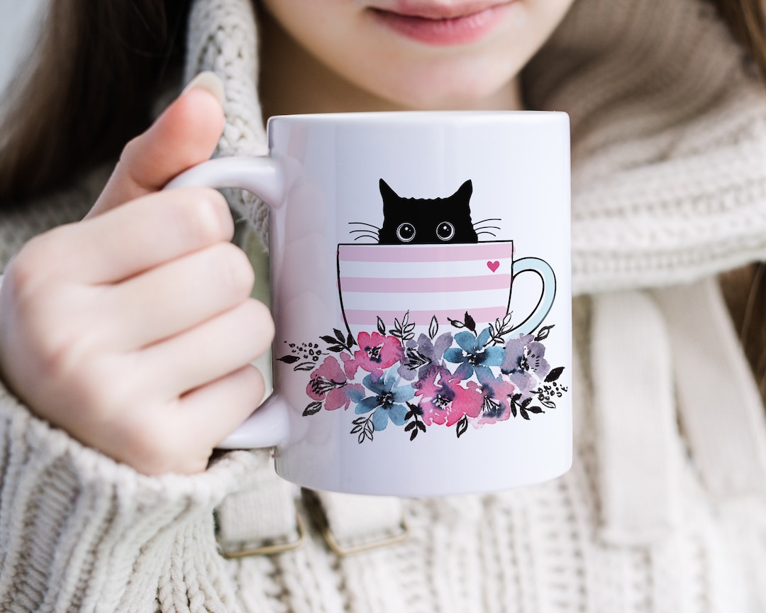 Personalized Cat Mug, Custom Name Floral Kitty Coffee Cup, Pink ...