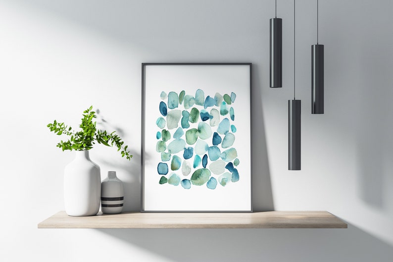 Sea Glass Abstract Art Print, Modern Coastal Wall Art, Blue Green Beach ...