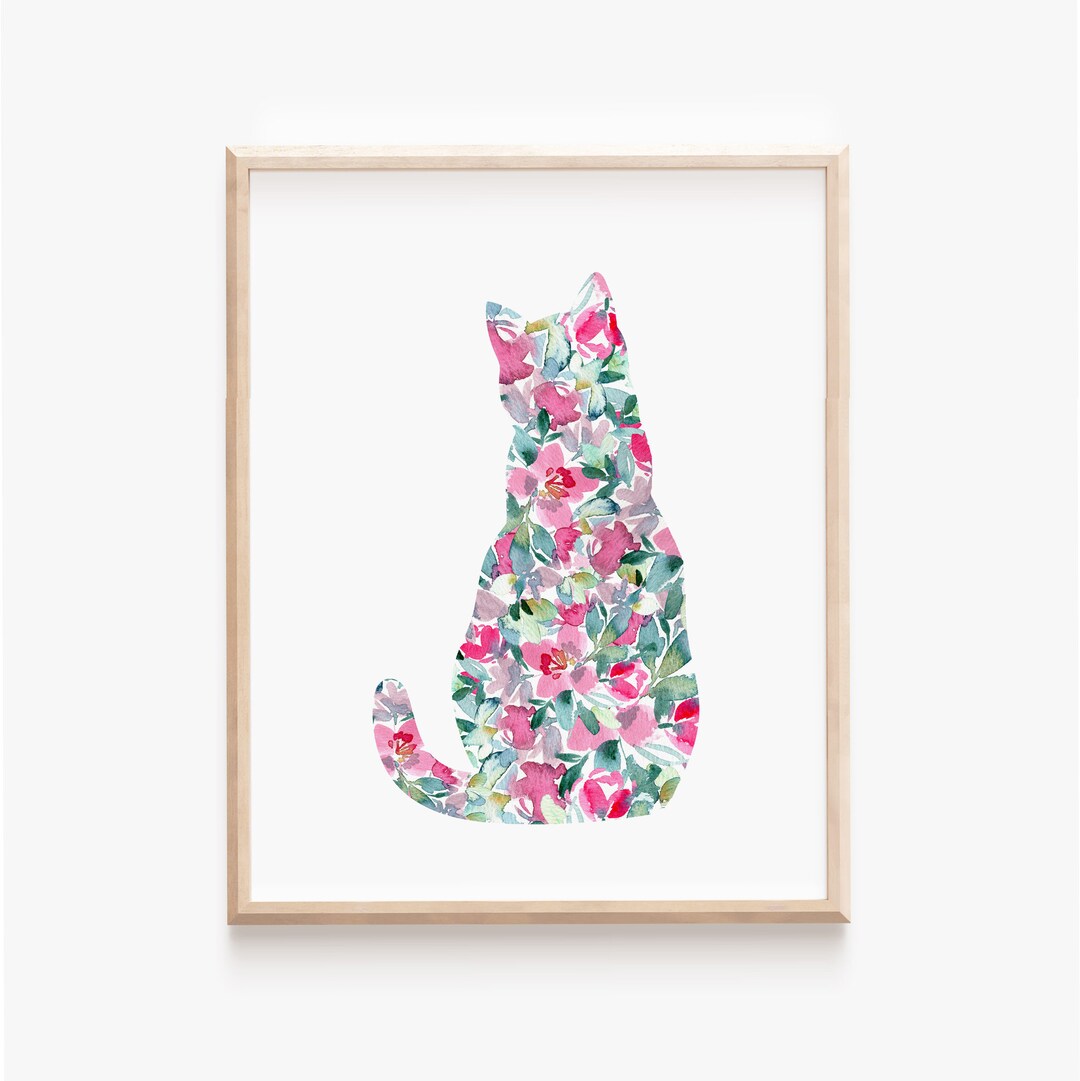 Pink Mint Floral Cat Art Print, Pastel Flower Pattern Pet Wall Art ...