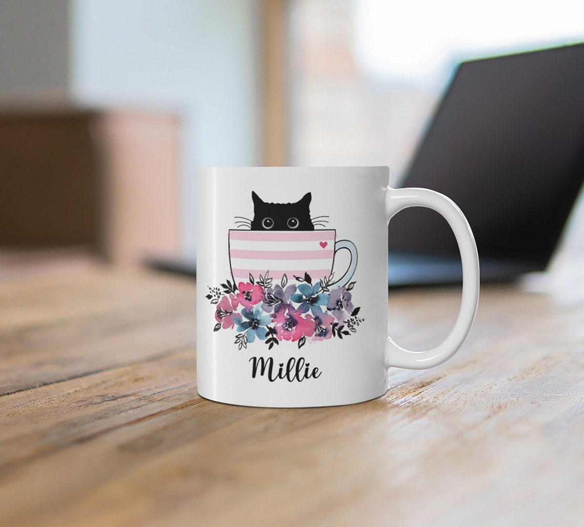 Personalized Cat Mug, Custom Name Floral Kitty Coffee Cup, Pink ...