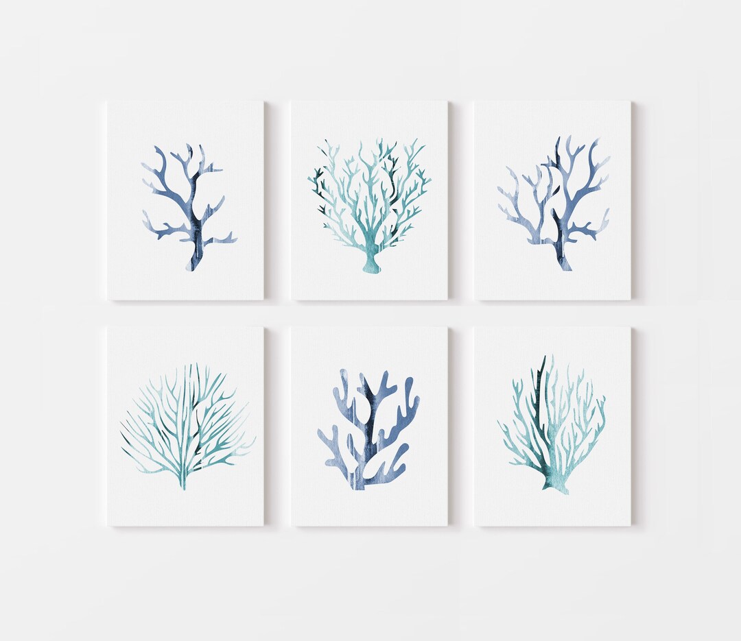 Coastal CANVAS Wall Art, Watercolor Sea Coral Canvas Print Set, Navy ...
