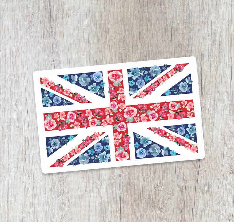 UK Flag Sticker, Union Jack Vinyl Decal, Watercolor Floral British Flag ...