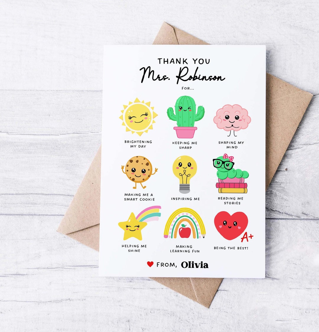 Personalized Teacher Appreciation Card, Cute Thank You Teacher End of ...