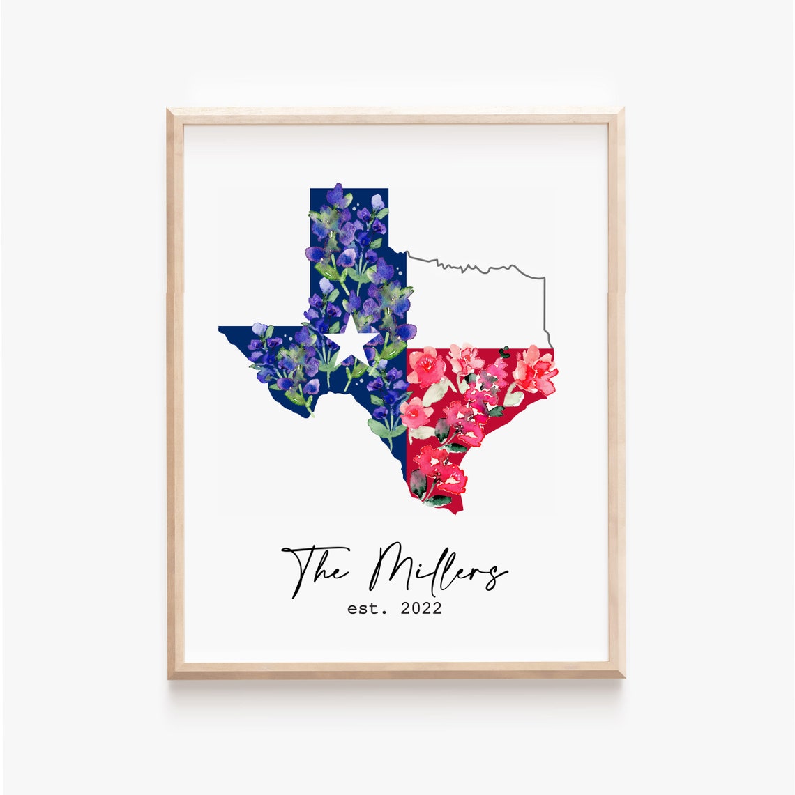 Texas Map Art Print Flower State Wall Art Watercolor Floral - Etsy