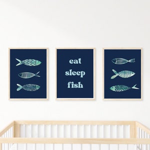 Fish Nursery Wall Art PRINTABLE, Eat Sleep Fish Boy's Room Print Set ...