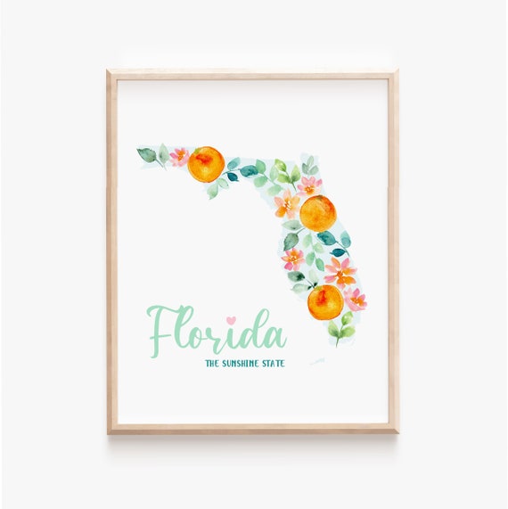 Florida State Map Watercolor Print Sunshine State Florida - Etsy