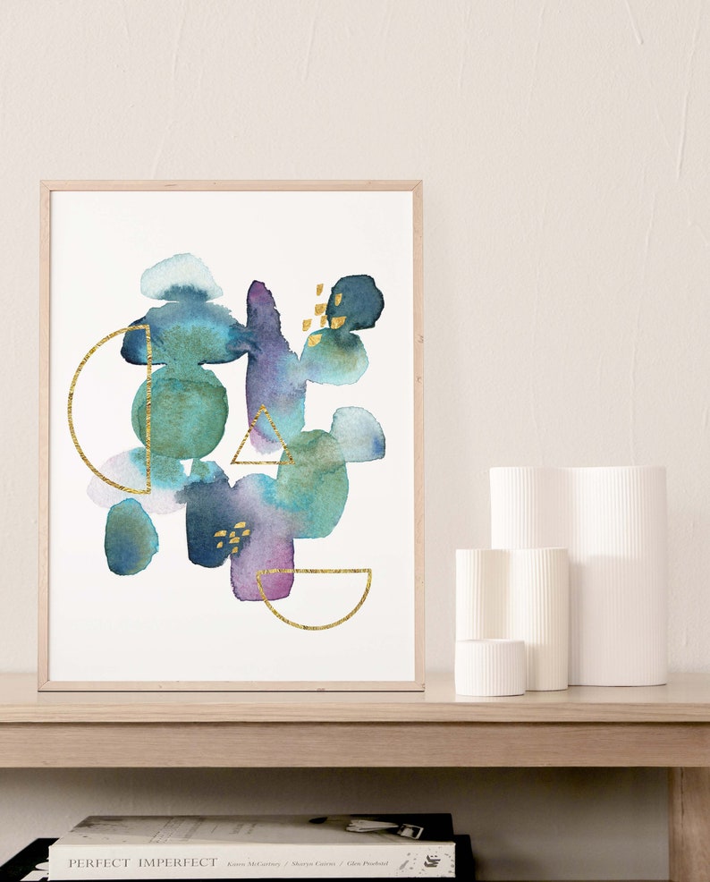 Jewel Tone Watercolor Abstract Art Print, Modern Vibrant Wall Art, Gold ...