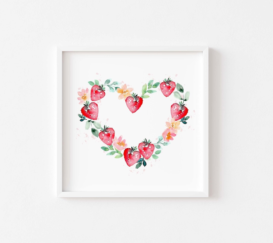 Strawberry Heart Art Print, Watercolor Strawberries Nursery Wall Art ...