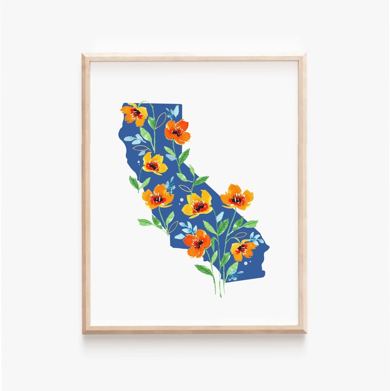 California Flowers State Art Print California Map Wall Art | Etsy