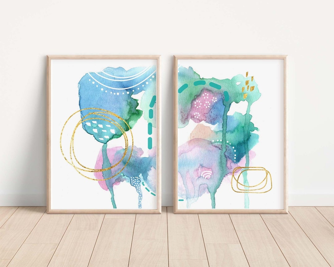 Pastel Gold Abstract 2 Piece Wall Art, Blue Pink Modern Abstract Set ...